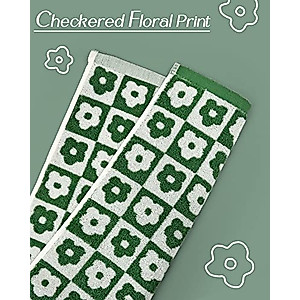 Hand Towels Checkered Floral - Set of 4 Soft Face Towels for Bathroom, Large Size 13” x 29”, Dark Olive Green