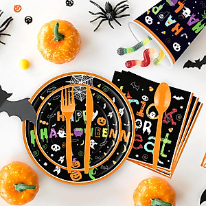 Jremreo 175 Pcs Halloween Tableware Party Supplies Set - Serves 25, Spooky Happy Halloween Disposable Dinnerware, Includes Plates, Cups, Napkins, Forks, Spoons, Knives for Trick or Treat Favors
