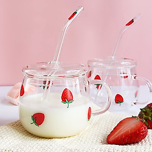 Kreapa strawberry glass cup 2 Sets cute strawberry Clear Glass Mug with Lid and Straw. Strawberry cups with cute strawberry roller stuff pattern decor glass bottle for Juice water milk coffee tea