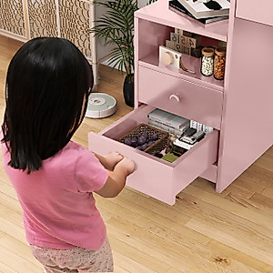 RUPOLX Childrens Computer Desk with 4 Drawers, Pink Kids Desk and Chair Set for 5-12 Year Old,Kids Study Table with Storage Shelf-oU6k6e