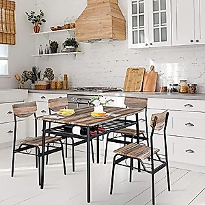 Karl home 5-Piece Dining Table Set for 4, Rectangular Table and 4 Chairs, Farmhouse Table Set for Kitchen & Dining Room, Industrial Metal Frame & Storage Rack, Save Space (Natural)