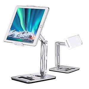 Yoobao Tablet Stand Holder, [Tightness Adjustable] 360° Swivel Foldable Aluminum iPad & Phone Stand for Desk with Heavier Base, Fit for 4.7"-12.9" Microsoft Surface Pro/iPad- Silver
