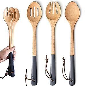 Wooden Spoons for Cooking Set for Kitchen, 12 Inch Large Non Stick Cookware Tools Includes Wooden Spoon, Fork, Slotted Turner, Premium Quality Housewarming Gifts Wooden Serving Utensils