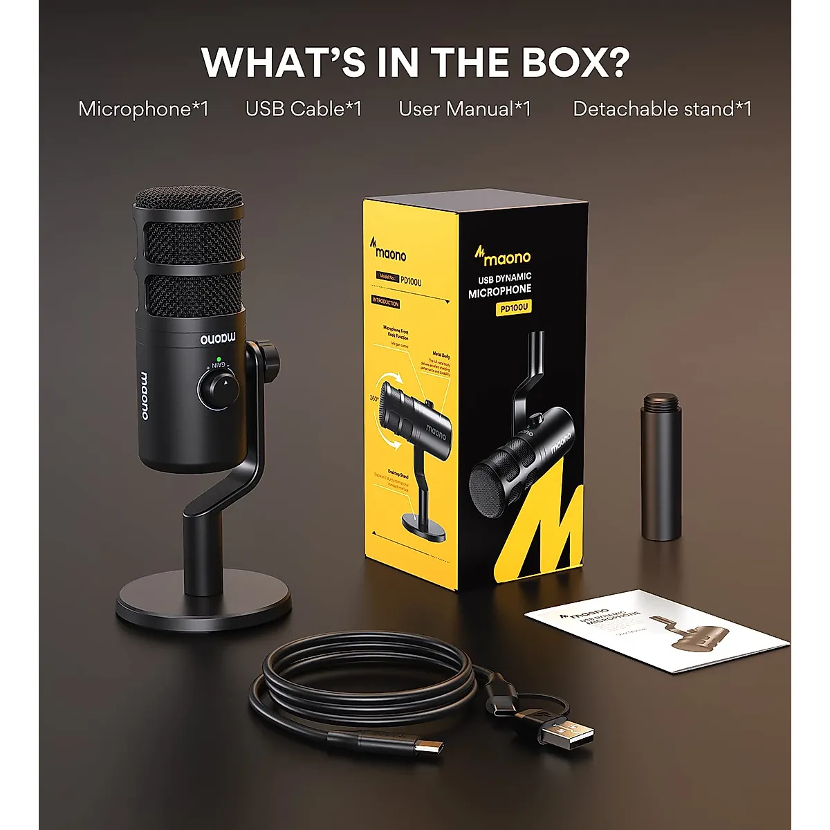 MAONO USB Dynamic Microphone, Podcast Recording Microphone with Gain Knob, Plug & Play, Metal Structure, Voice-Isolating Technology, Cardioid Studio PC Mic for Streaming, Vocal, Home Studio-PD100U