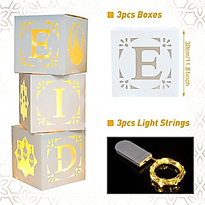Decoration Boxes with Light - 3pcs White Hollow-out with Warm Light String,EID Cultural Paper Elements Box for Eid al-Fitr Decor Eid al-Adha Festival Ramadan Mubarak Muslim Islamic Supplies