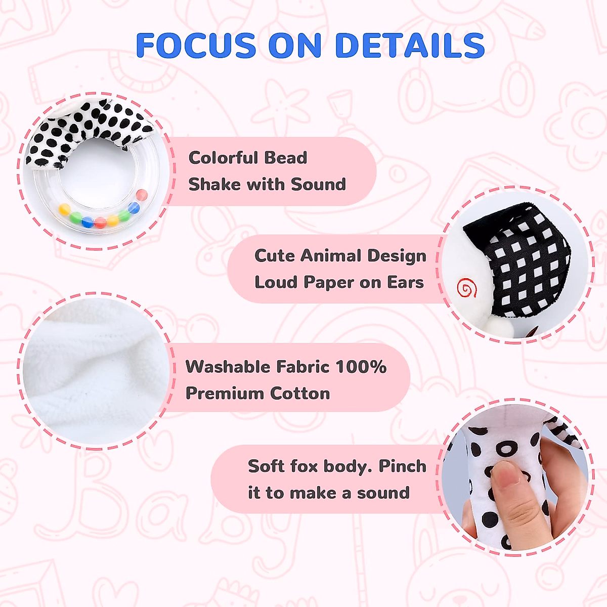 Baby Rattles 0-6 Months Newborn Toys Infant Toys 0-3 Months Rattles for Babies 0-6 Months Baby Toys 0-6 Months, Black and White High Contrast Plush Stuffed Baby Toys for 0 3 6 9 12 Months Girls Boys