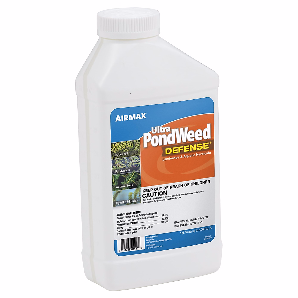 Airmax Ultra Pondweed Defense Aquatic Weed & Plant Killer, Easy Spray Application to Clean & Clear Large Pond & Lake Water, Liquid Treatment Control Concentrate, Fish Safe, 1 Quart