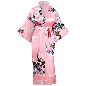 Heone Japanese Long Kimono Satin Peacock Printed Lightweight Cardigan Jacket Coat Loose Yukata Cloak Bathrobe Tops folding fans Tabi Socks Set(Coralred XL-5XL)