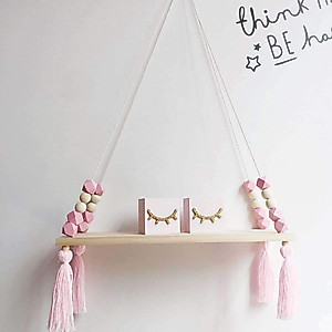 Floating Shelf, Wall Shelf Child Decorative Shelf Hanging with Rope and Wooden Board Princess Bedroom Wall Mounted Shelf for Bathroom Decor, Bedroom, Living Room and Plants (Pink)