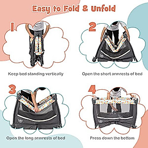 HONEY JOY Pack and Play with Bassinet, 4-in-1 Portable Baby Playard with Changing Table, Hanging Toys, Diaper Storage Bag, Music Box, Wheels with Brake, Foldable Newborn Play Yard w/Carry Bag (Yellow)