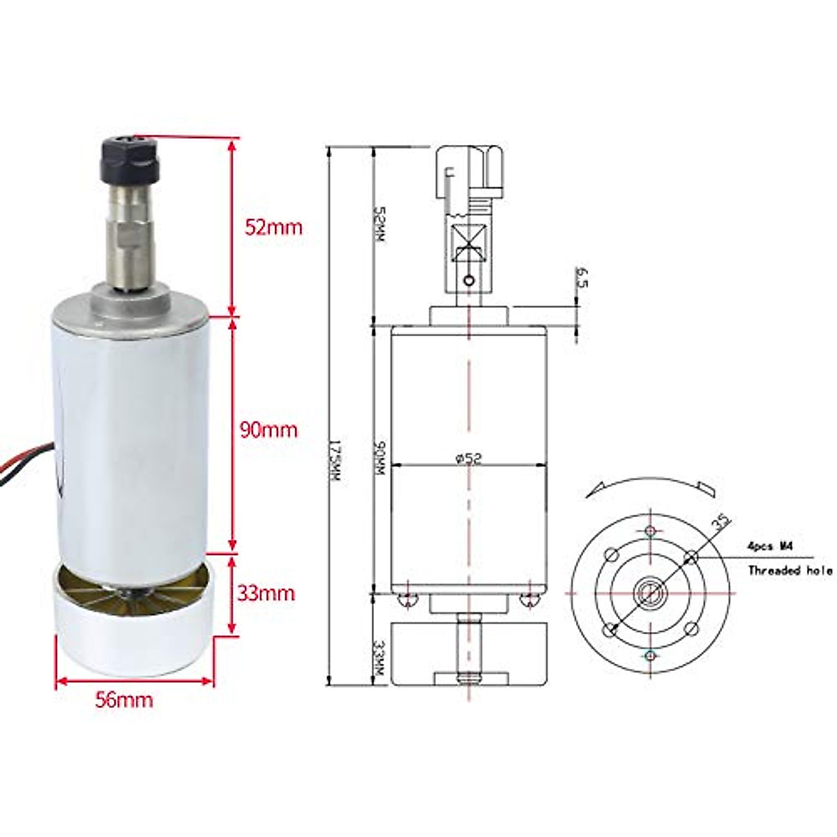 RATTMMOTOR ER11 Spindle Motor 300W Air-Cooled Spindle Motor 52mm 12-48VDC 12000RPM 400mN.m for DIY CNC Router Engraver Milling Machine