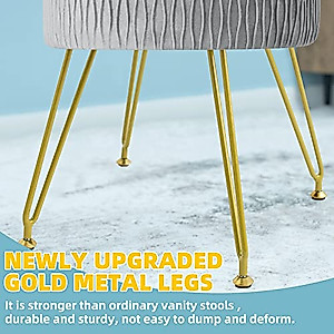 GERANT Velvet Storage Ottoman Vanity Stools - Multifunctional Upholstered Pleated Round Footrest with Golden Metal Legs,Removable Coffee Table Top Cover,Suitable for Living Room,Bedroom(Gray)