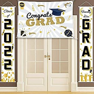 3PCS Graduation 2022 Decorations - Class of 2022 Graduation Banner Porch Signs for School College Congrats Grad Backdrop Graduation Party Supplies Hanging Door Wall Decorations Outdoor