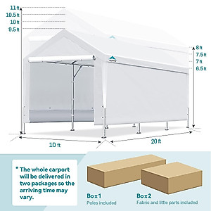 ADVANCE OUTDOOR Adjustable 10x20 ft Heavy Duty Carport Car Canopy Garage Shelter Boat Party Tent, Adjustable Heights from 9.5ft to 11.0ft, Removable Sidewalls and Doors, White