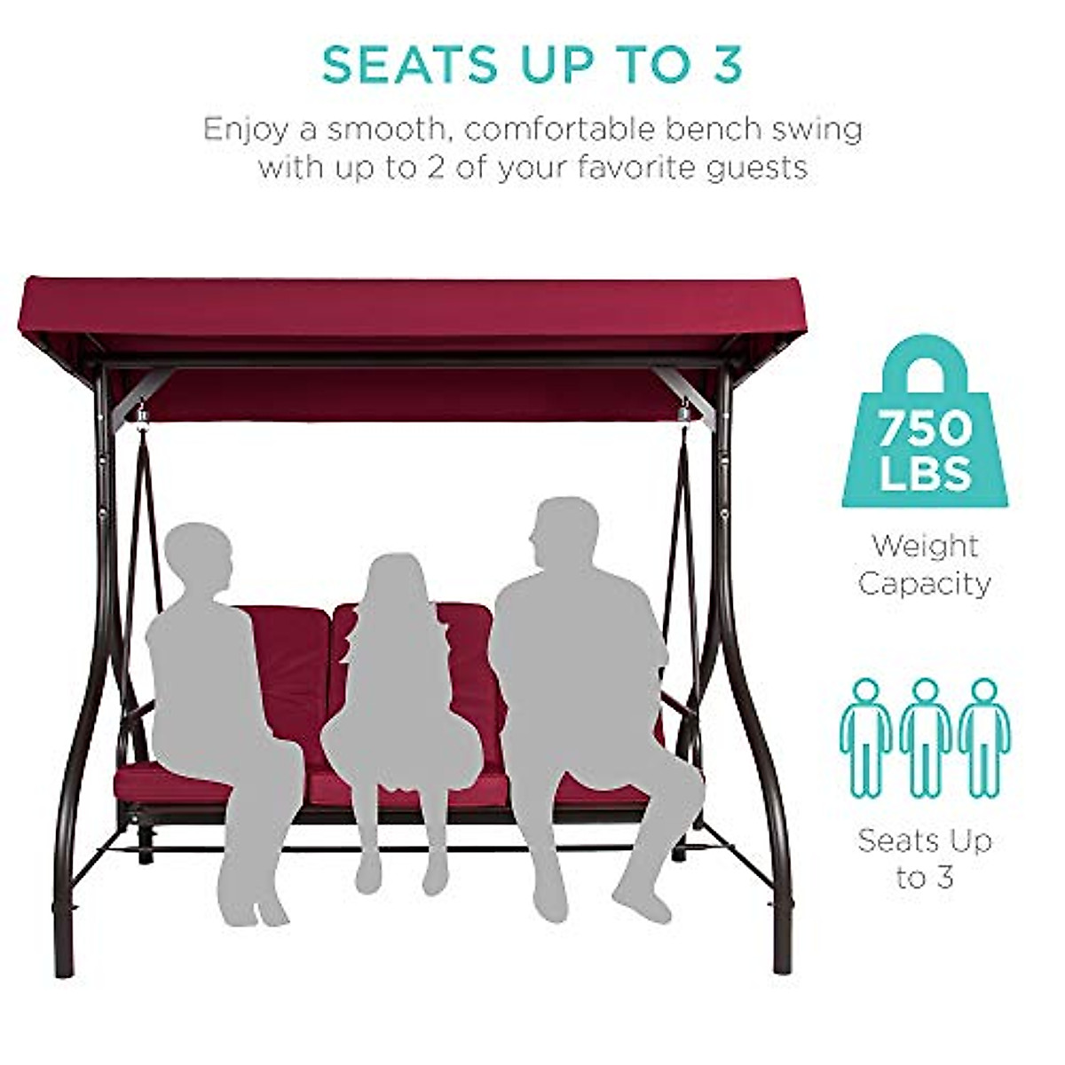 Best Choice Products 3-Seat Outdoor Large Converting Canopy Swing Glider, Patio Hammock Lounge Chair for Porch, Backyard w/Flatbed, Adjustable Shade, Removable Cushions - Burgundy