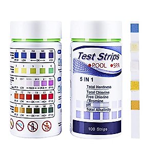 SuperCheck 5-in-1 Test Strips for Testing Chemicals Content in Pool and Spa, 6 Parameters, 100 Count, Swimming Water Test Kits for Hardness, Chlorine, Bromine, pH and Alkalinity, Pool Water Tester