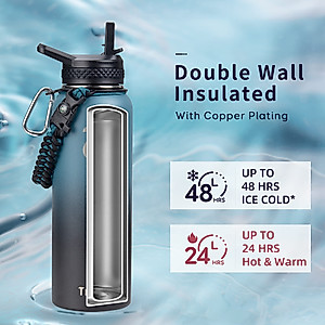 Trebo Water Bottle 40oz with Paracord Handle,Vacuum Double Wall Stainless Steel Insulated Water Jug with Straw Spout Handle Lids, Large Sports Flask Keep Cold & Hot, Ombre: Indigo/Black