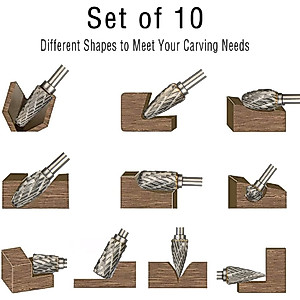 10Pcs 1/8" Shank Carbide Burr Bits Compatible with Dremel Rotary Tool, Metal Carving Bits Wood Stone Grinding Engraving Cutting Grinder Kit Attachment Rotary Tool Accessories Set Harder Than Diamond