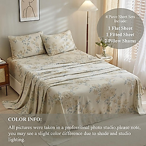 VClife Modern Floral Sheets Full Size Bedding Sets Khaki Taupe Beige Blueish Gray Floral Printed Sheets with 16" Extra Deep Pocket, 4 pcs Washed Microfiber Sheet Sets, Fade Resistant