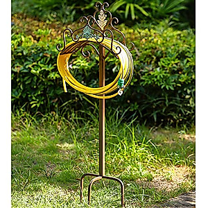 Garden Hose Holder Freestanding Hose Stand Outdoor Floral Leaf Decorative Water Hose Storage Holders Antique Metal Hose Hangers for Outside Lawn Yard