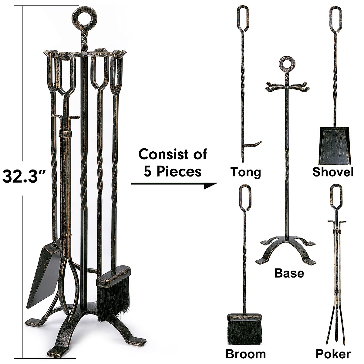 AMAGABELI GARDEN & HOME 5 Pieces Fireplace Tools Sets Wrought Iron Fireplace Set Antique Brass Copper with Poker Tongs Broom Shovel Stand Indoor Fire Place Kit Wood Stove Hearth Accessories Gold