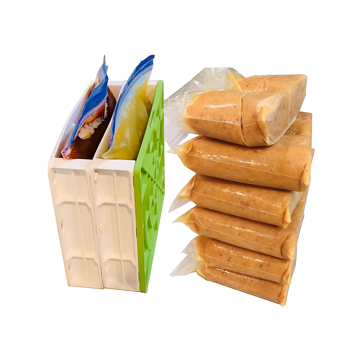 FreezeStax 2-Quart Expandable Base Starter Set. 6-9 Cup Total Set Capacity. Includes 2 individual 1-Qt Expanders for 1-Qt (3-4 Cup) Freezer Bags.