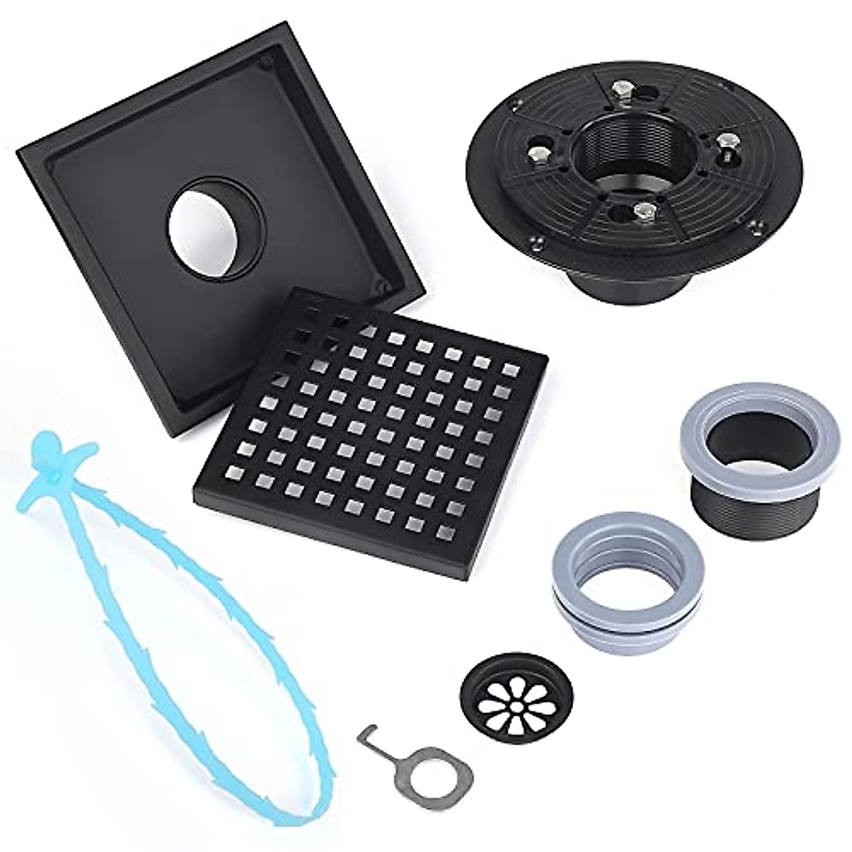 Shower Drain SUS 304, Lemecima 6 Inch Square Floor Drain with Flange, Quadrato Pattern Grate Removable for Bathroom, Hair Drain Cleaner Tool, Matte Black