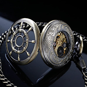 Alwesam Rudder Design Mechanical Pocket Watch Hand Wind Roman Numerals Men Steampunk with Chain Box