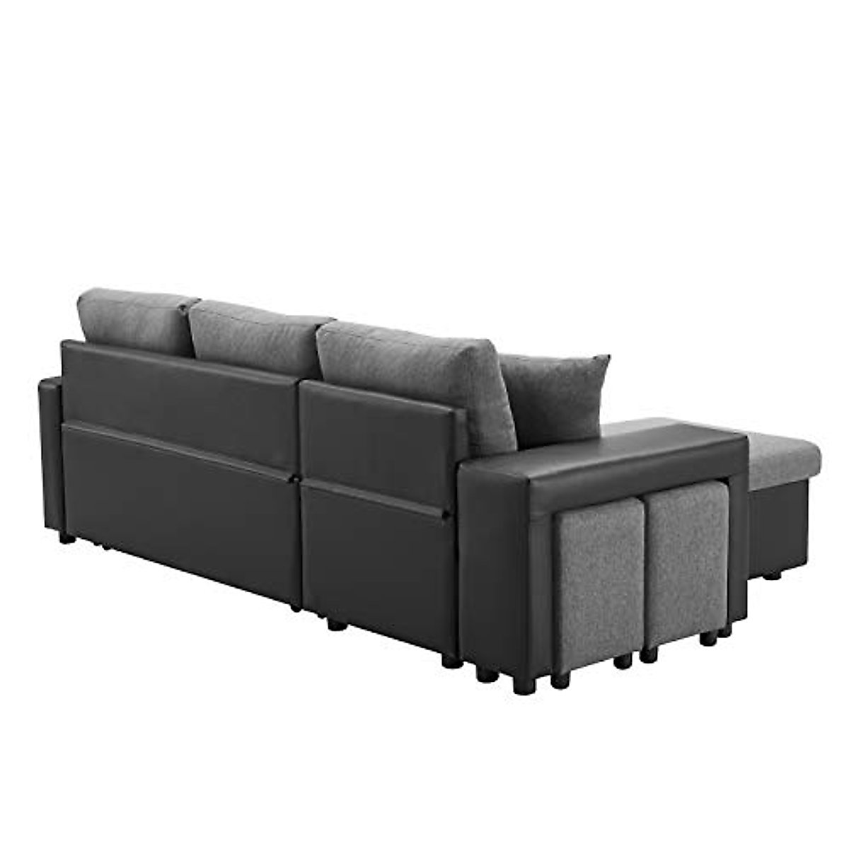 Runboll Sectional Sofa with Pull-Out L-Shape Bed Reversible Chaise Sofa with Storage Seat Sleeper Couch with 2 Stools
