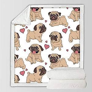 WONGS BEDDING Pug Throw Blanket Twin Cartoon Pug Dog Printed Sherpa Blanket for Kids Adults Soft Fuzzy Microfiber Plush Fleece Throw Blanket for Bed Couch and Travel (Twin Size, 60"x80")