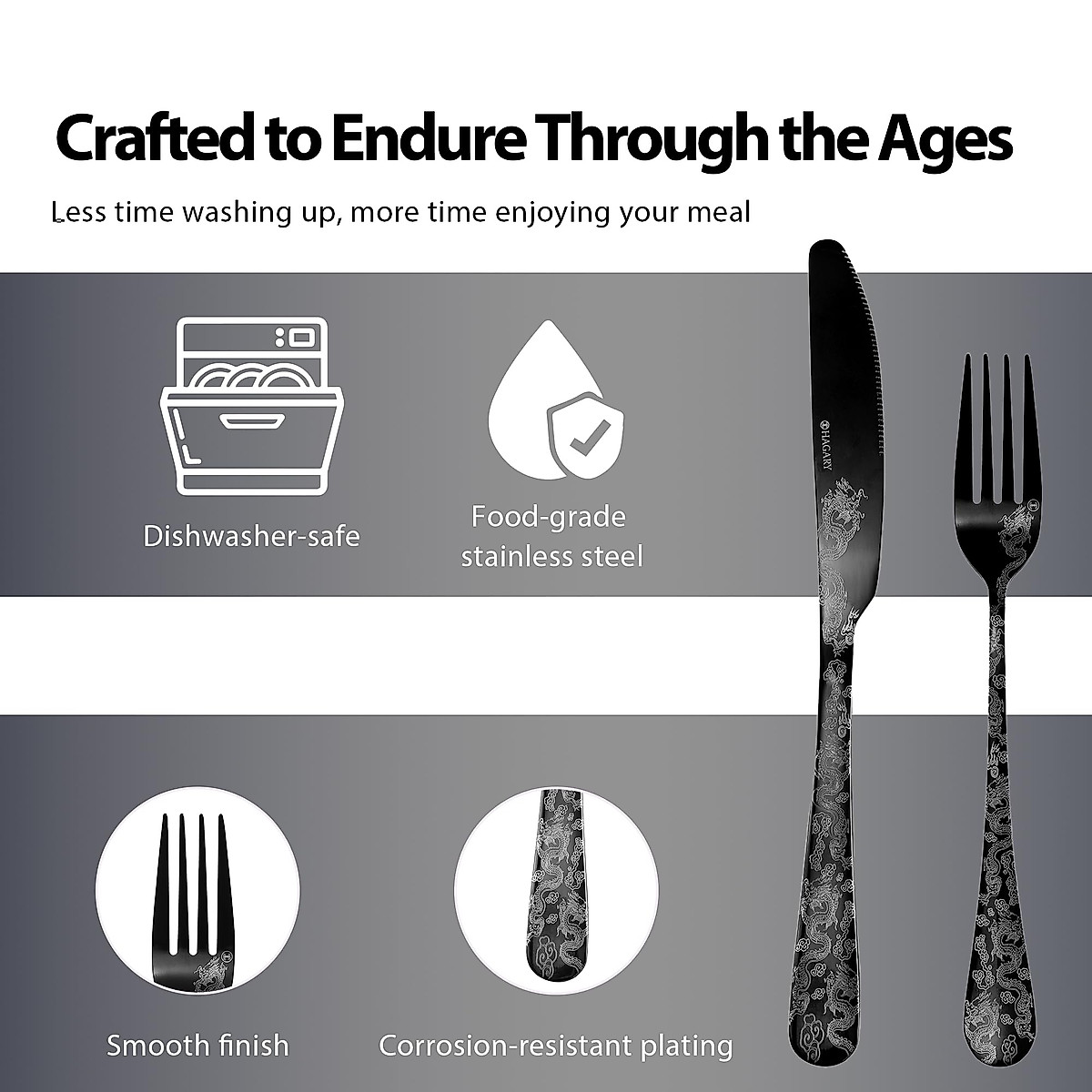 Hagary Dragon Cutlery Set 20 Pieces Stainless Steel Flatware Set Service for 4 Utensils For Home Kitchen Wedding Laser Engraved Dishwasher Safe Black