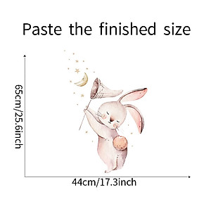 Wland 17.3 in x 25.6 in Cute Cartoon Rabbit Watercolor Bunny Catching Moon Stars Balloon Removable Vinyl Wall Decals Stickers for Children Room Nursery Decoration Baby Boy Girl Bedroom