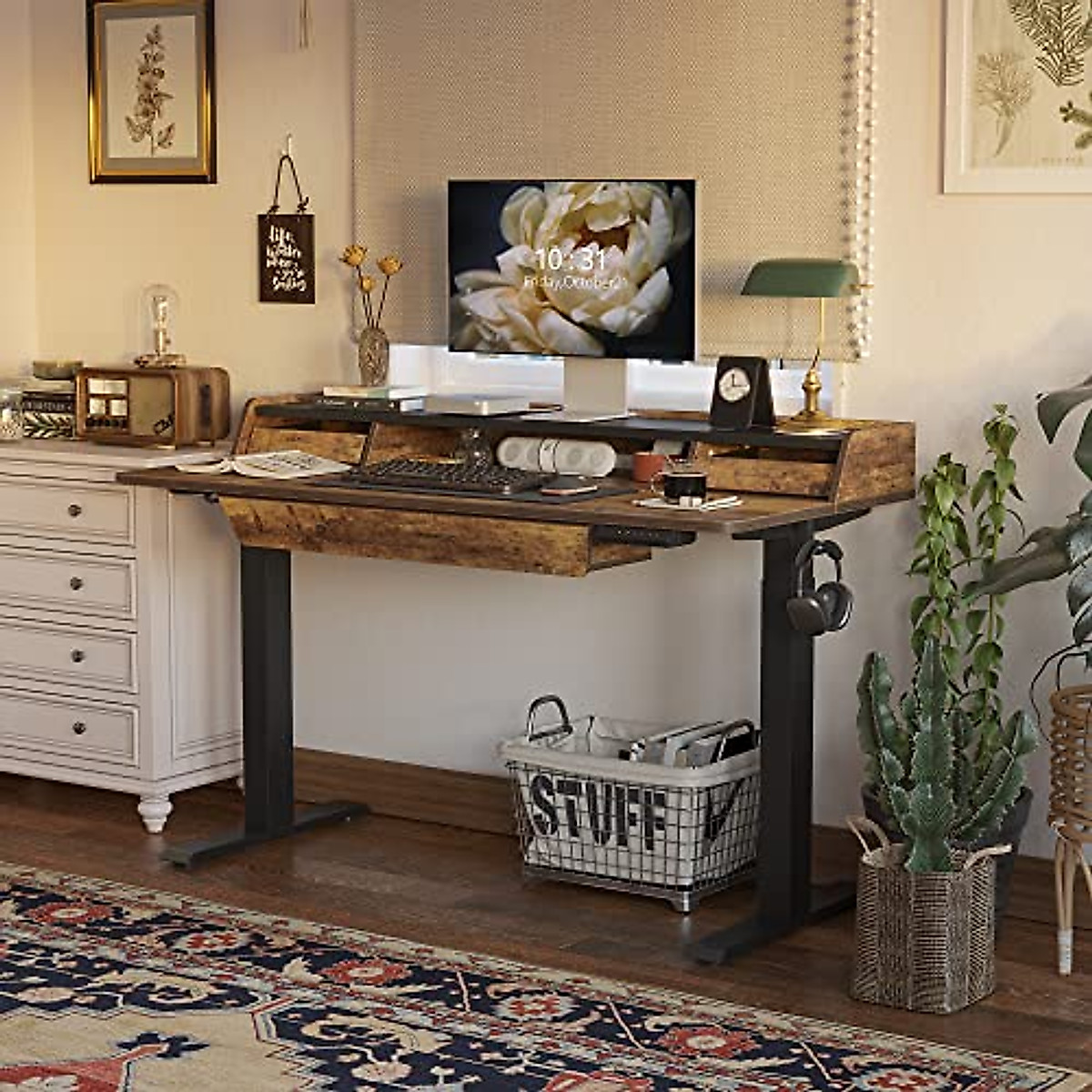 FEZIBO Electric Standing Desk, 55 x 24 Inches Height Adjustable Table, Ergonomic Home Office Furniture with 3 Drawers, Black Frame/Rustic Brown Top