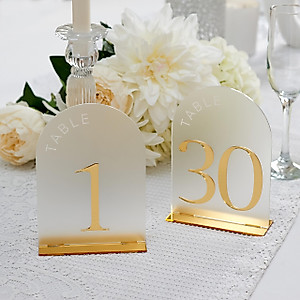 FIQSTER Frosted Arch Gold Table Numbers for Wedding Reception - Table numbers 1-30 - 5x7" Frosted Arch Acrylic Table Signs with Gold Mirror Numbers for Banquet, Party, Event, Anniversary (Table Numbers 1-30)
