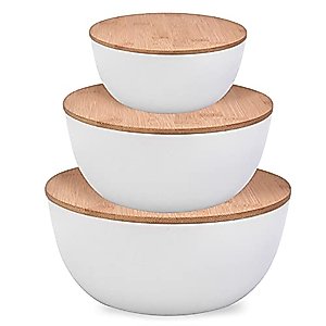 Panghuhu88 Salad Bowl with Lid, Set of 3 (7" + 8.8" + 11") Serving Bowl with Bamboo Cover, Bamboo Fiber Mixing Bowl for Salad Cereal Pasta Soup Fruit Popcorn Chips (White)