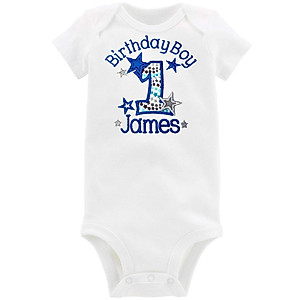 Fantasy Kids Designs First Birthday Boy Outfit Bodysuit Personalized with Custom Name (12 Months Short Sleeve, Royal Blue)