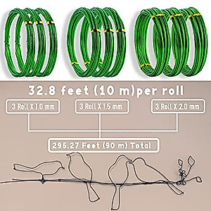 Sanlykate Bonsai Training Wire Kit, 9 Roll Tree Training Wires 295.27 Feet Total, 1.0mm, 1.5mm, 2.0mm Anodized Aluminum Wire Set, Hold Plant Branches Trunks - Green