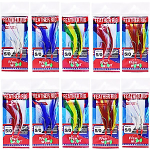 10pks Colors Fish WOW!® Fishing Feather Rig Rockfish Rigged Rock cod Lures Jigging Rig with 5/0 Two High-Carbon Steel Hooks