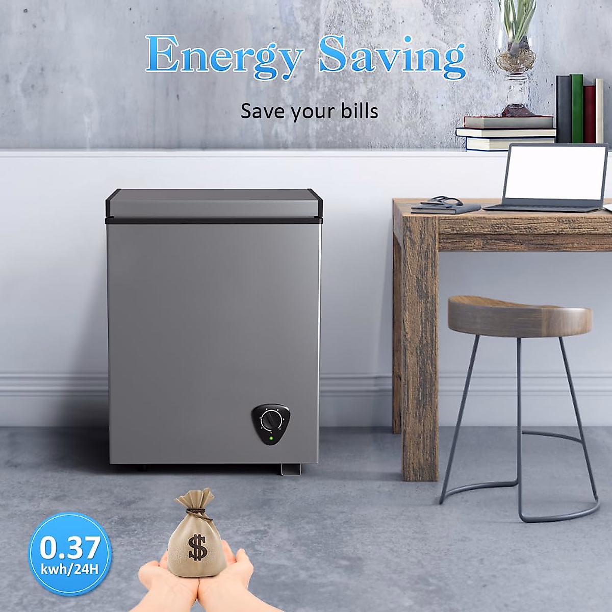 LifePlus Chest Freezer - Compact Deep Freezer Small Freezer 7 Adjustable Temperature with Removable Basket, 3.5 Cubic Feet Energy Saving Super Quiet for Garage, Office, Kitchen, or Apartment, Gray