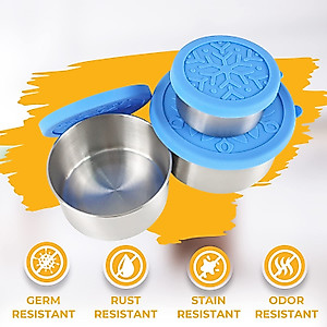 Stainless Steel Dressing Containers with lids, Set of 3 (13oz, 6oz, 3oz) Multipurpose To-Go Meal Prep for Bento Box Lunch Box, Snacks, Tea, Coffee or Food, Leakproof, Stackable and Airtight (BLUE)