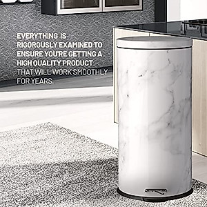 AWENN - Kitchen Garbage Trash Can with Lid and Pedal - Touchless Round Shape Waste Bin - Stainless Steel Dustbin with Removable Inner Bucket for and Outdoors – White (7.9 Gallon – 29 Liters)