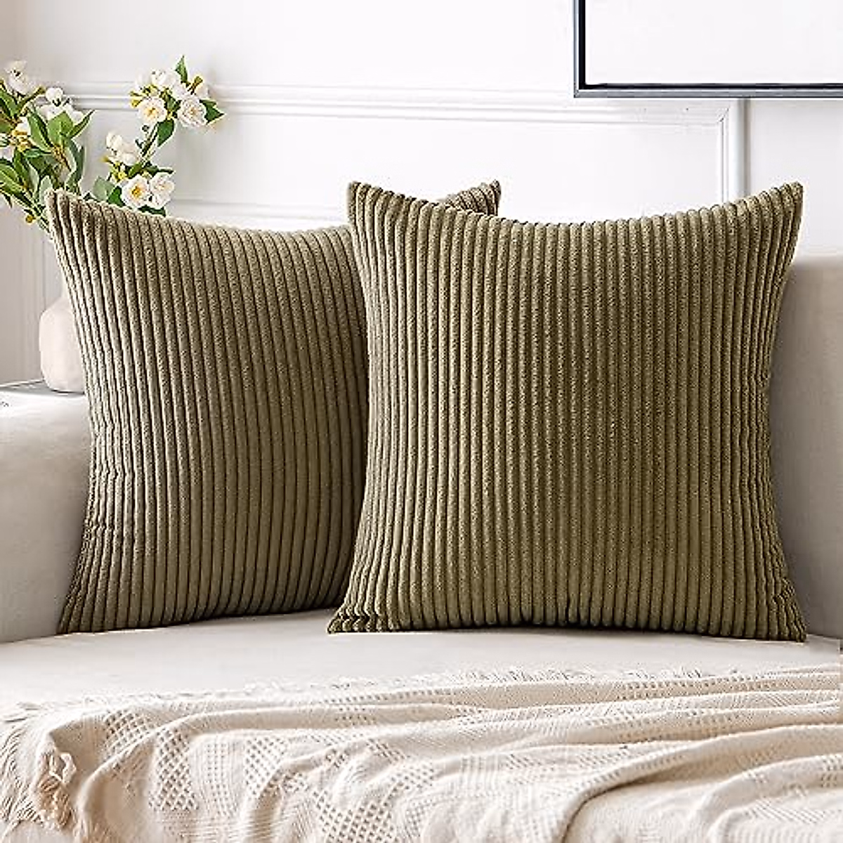 Woaboy Pack of 2 Corduroy Pillow Covers 20x20 Super Soft Boho Striped Pillow Covers Olive Green Decorative Throw Pillows Home Decor for Spring Couch Sofa Cushion Bedroom Livingroom