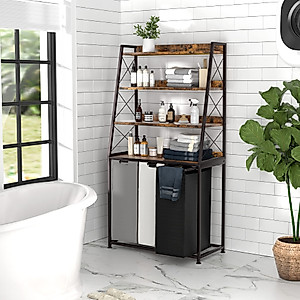 Herture Laundry Basket, 3 Section Laundry Hamper with 4 Tiers Shelf, Pull-Out and Removable Laundry Bags, Large 3 x 15.87 Gallons, for Laundry Room Bathroom Rustic Brown PF05XLN