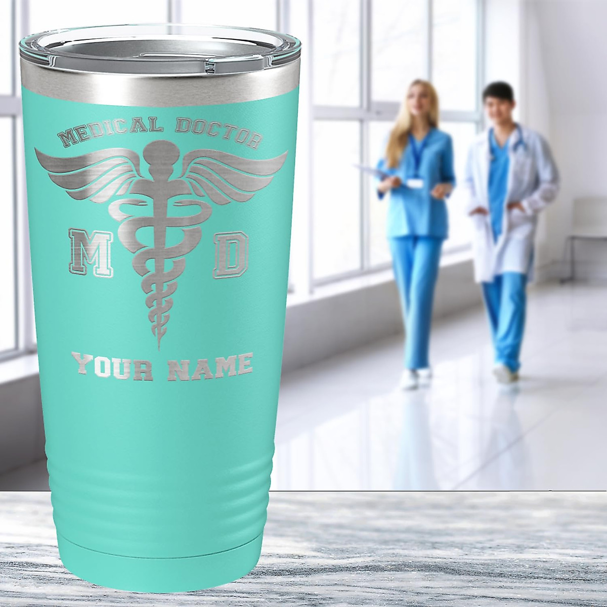 Personalized MD Medical Doctor Gift on Seafoam 20 oz Stainless Steel Tumbler with Lid - Insulated Cup - Custom Travel Mug