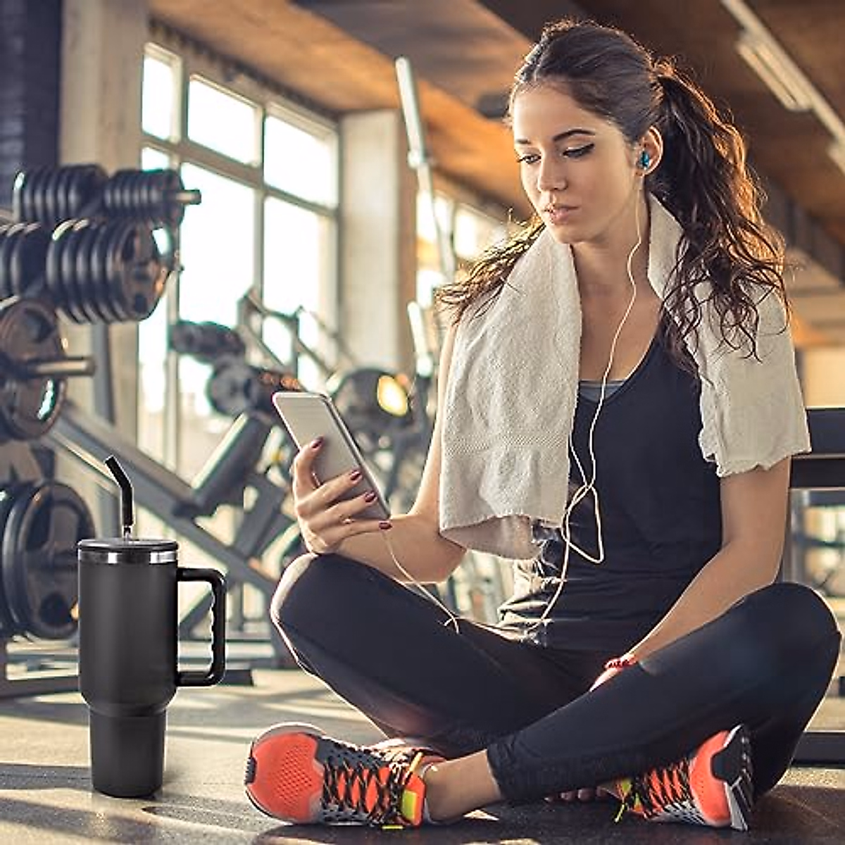 AGH 40oz Tumbler with Handle and Straw, Double Wall Vacuum Insulated Reusable Stainless Steel Water Bottle Travel Mug Iced Coffee Cup Travel Mug for Travel, Coffee and Outdoor Activities, Black