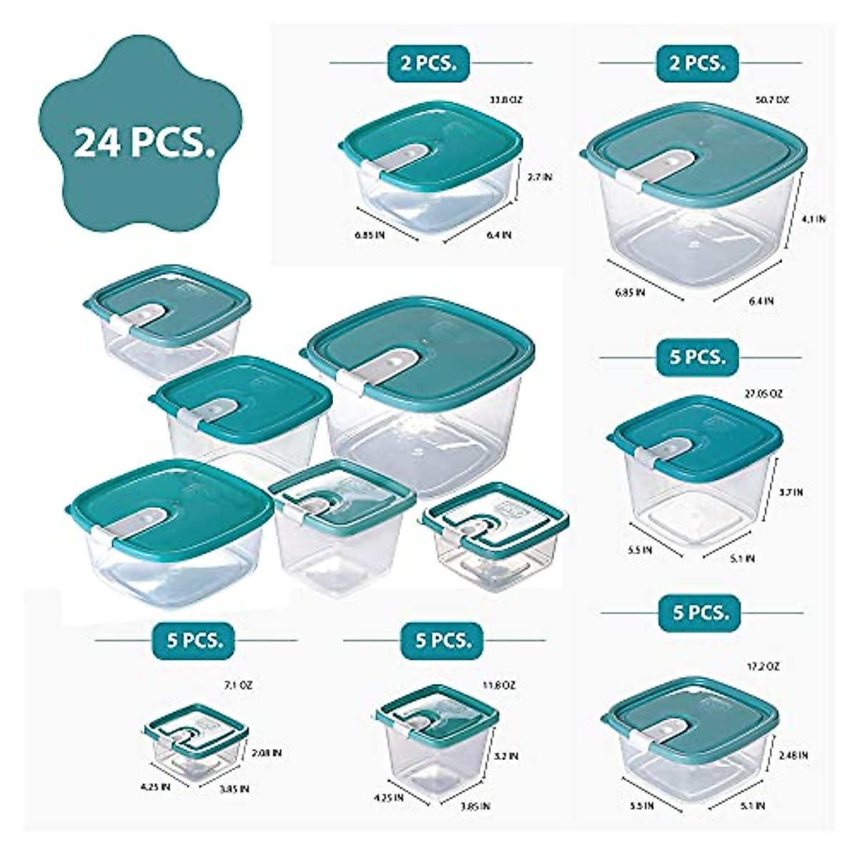 Plastic Food Storage Containers w/attached Lids. Multi sizes Containers. Microwave/Freezer & Dishwasher Safe - Steam Release Valve. BPA/Free (24, Light Blue)