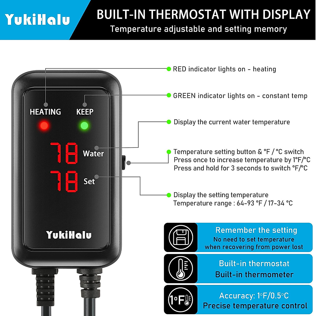 YukiHalu Aquarium Heater 50/100/200/300/500W with Protective Case, Fish Tank Heater, Temperature Adjustable, External Temperature Controller, LED Display, Used for 10/20/40/75/120 Gallons (200W)