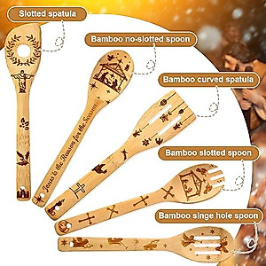 5 Pieces Burned Cooking Utensil Spoon Christmas Wooden Spoons Set Christmas Kitchen Decoration for Christmas Gift House Present Supplies (Religious Style)
