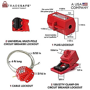 TRADESAFE Professional Lockout Tagout Kit - Loto Locks, Gate Valve Lock, Ball Valve Lockout, Circuit Breaker Locks, Hasps, Plug Lock, Cable Lockout, Tag Out Tags and Ties Set (1 Key Per Lock) Red