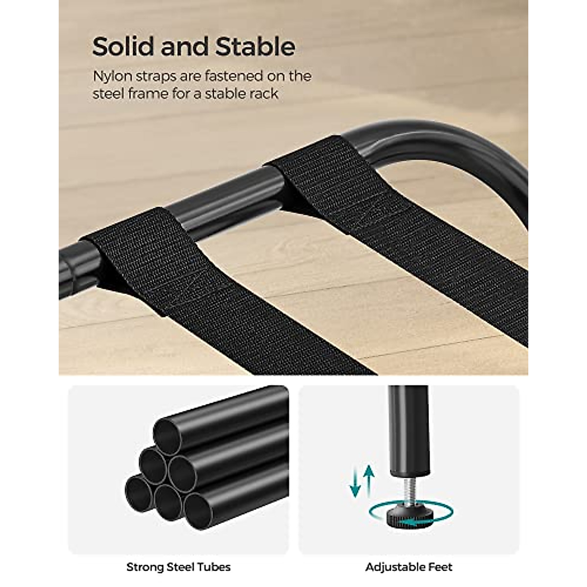 SONGMICS Luggage Racks, Set of 2, Suitcase Stand with Fabric Storage Shelf, for Guest Room, Bedroom, Hotel, Foldable Steel Frame, Holds up to 110 lb, 27.2 x 15 x 20.5 Inches, Black URLR002B02